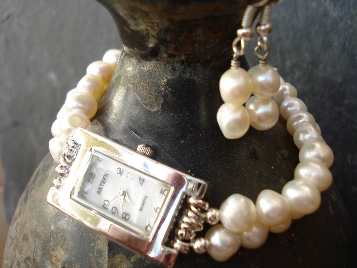 Pearl Bracelet Watch and Earrings - Sterling Silver & Fresh Water ...