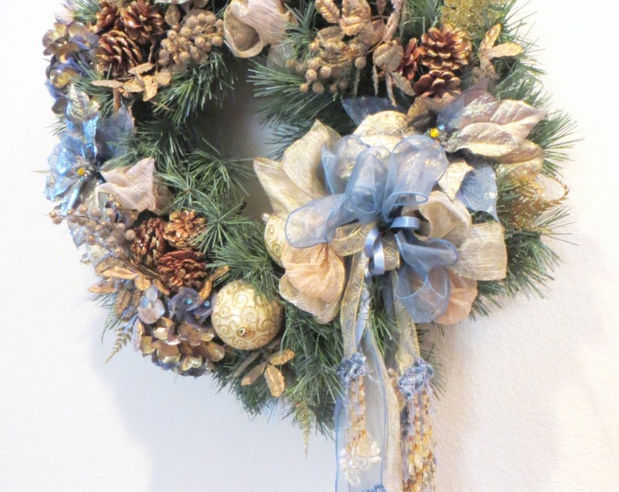 Holiday Large Beaded Victorian Blue Spruce Wreath in Smoky Blue, Beige ...