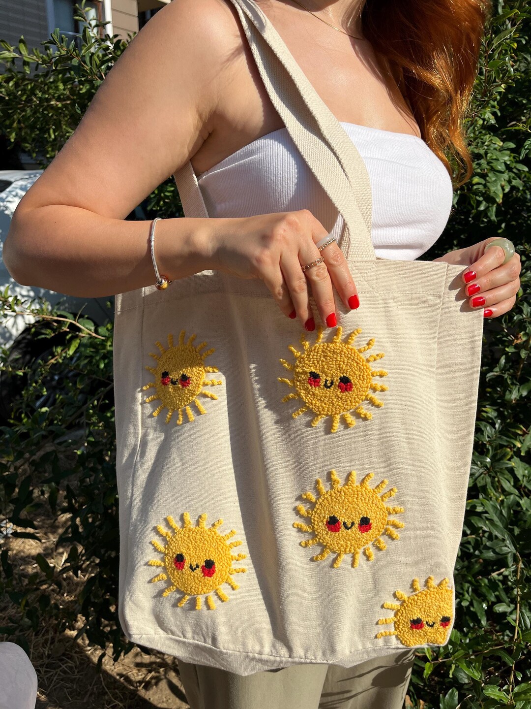 Cute Sun Embroidery Tote Bag Sunny Day Vibes Eco-friendly Canvas Bag ...