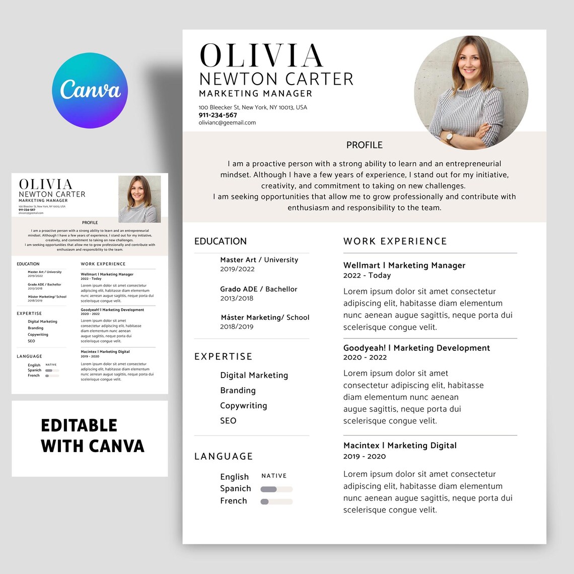 Editable Resume Template With Photo | Minimalist Cover Letter | Canva ...