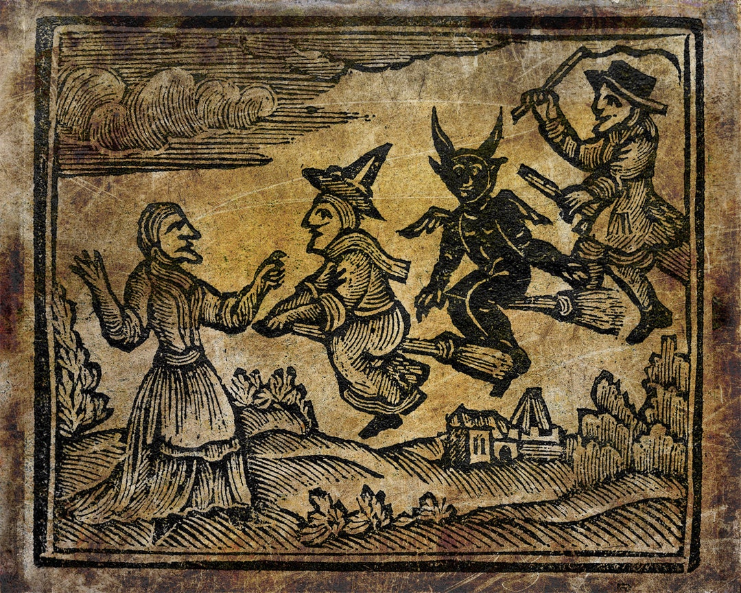 Witches on Broomsticks Art Print: Historic Woodcut Style (8x10 in 11x14 ...