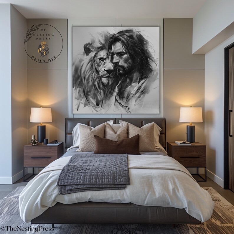 Jesus With Lion of Judah Bible Sketch Print Jesus Christ Portrait Bible ...