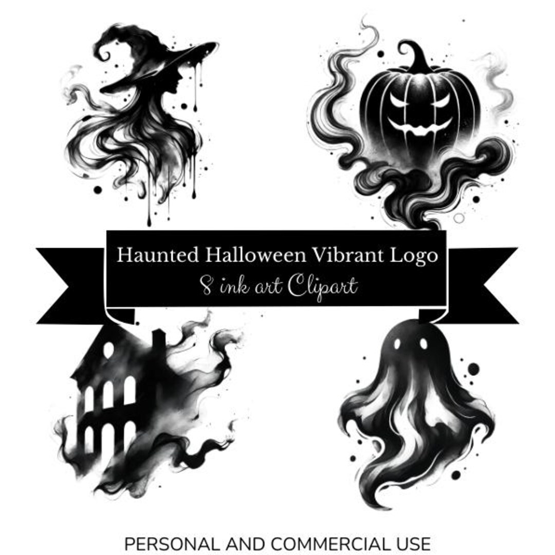 8 Haunted Halloween PNG, Ink Art Clipart, High-quality Watercolor ...