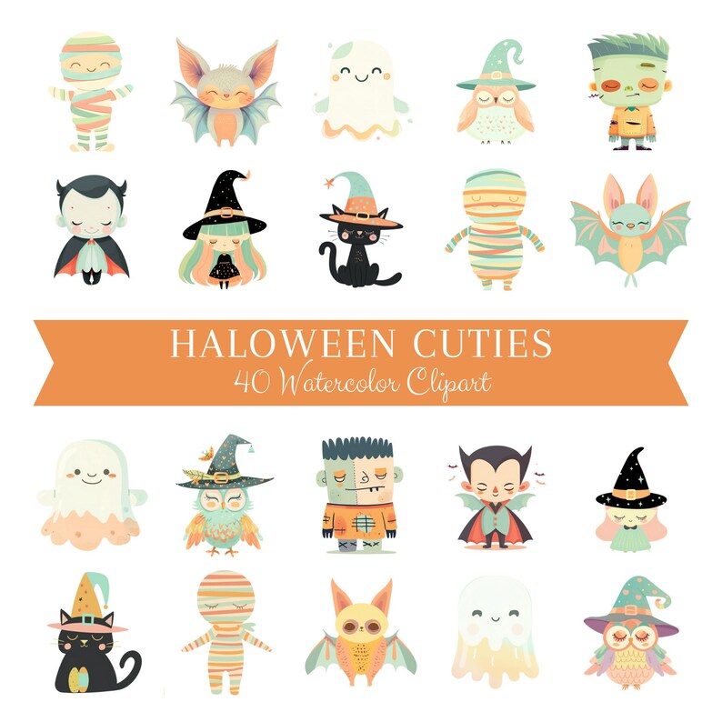 Spooky Halloween Clipart Bundle | 40 Pngs of Black Cat, Ghost, Mummy ...