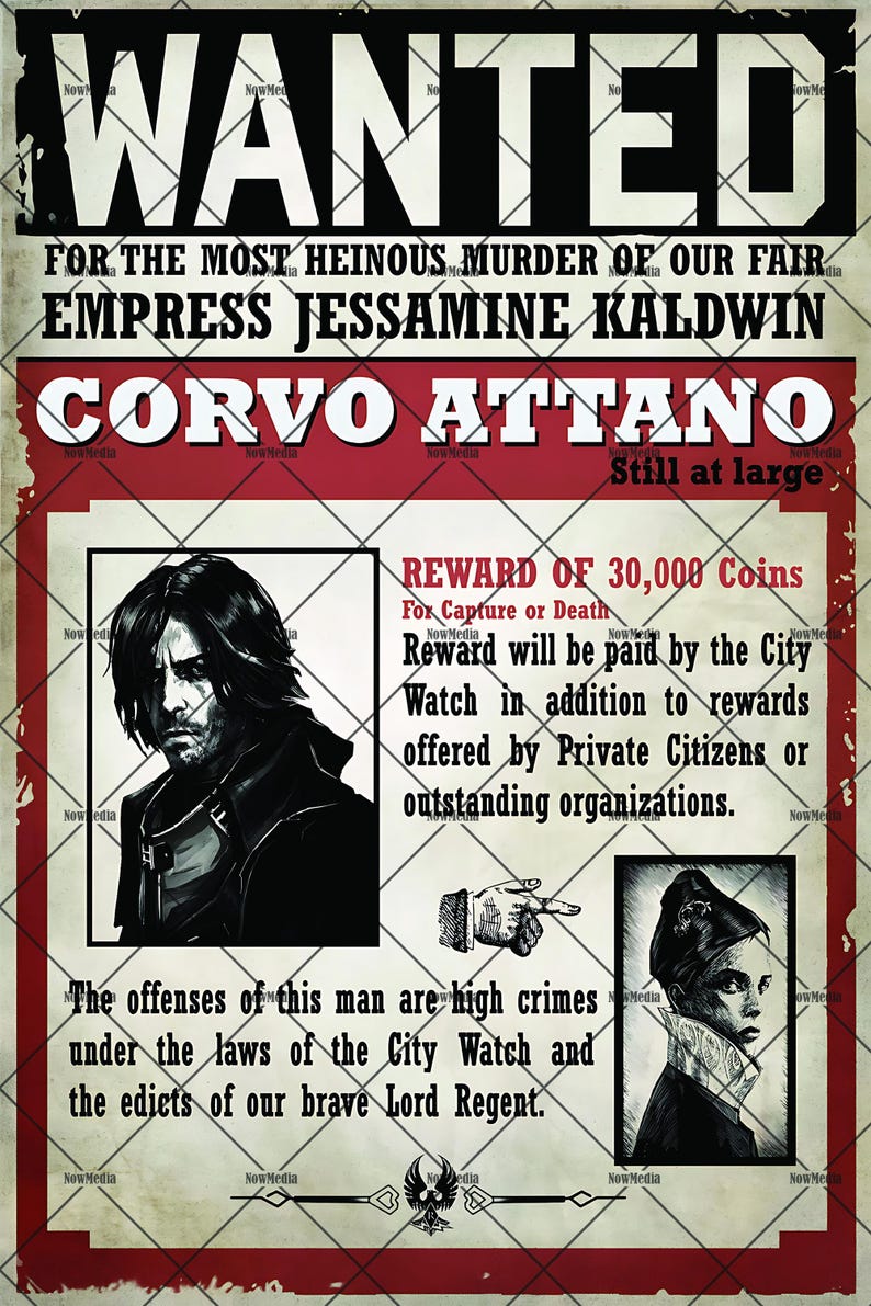 Corvo Attano Wanted Poster - Digital Download Print, Printable Art ...