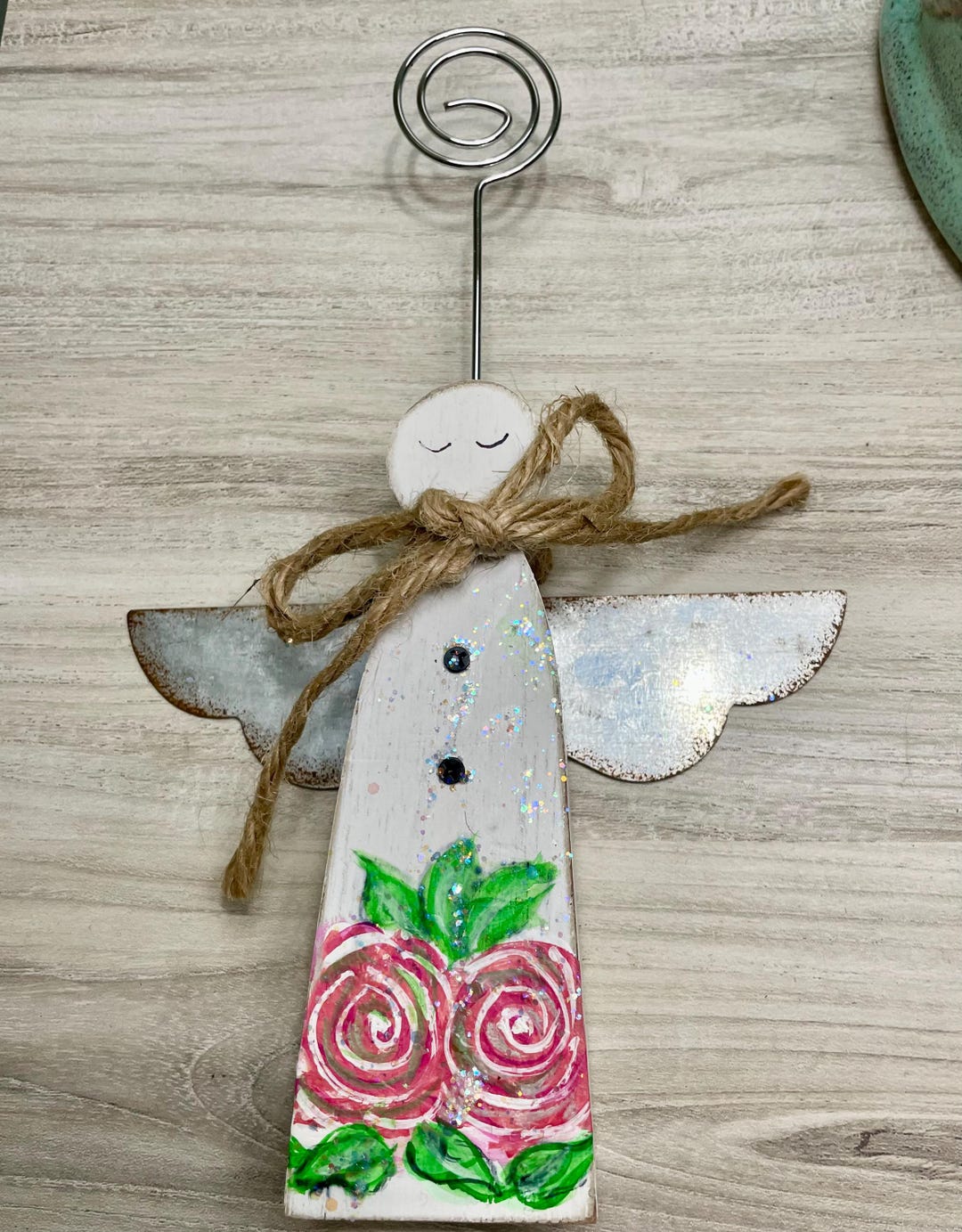 Angel Photo Holder Wooden Hand Painted Angel With Roses Card or Photo ...