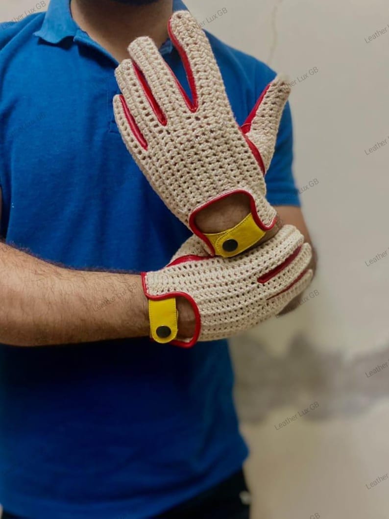 Men's Driving Gloves Red and Crochet Gloves Vintage Real Soft Leather ...