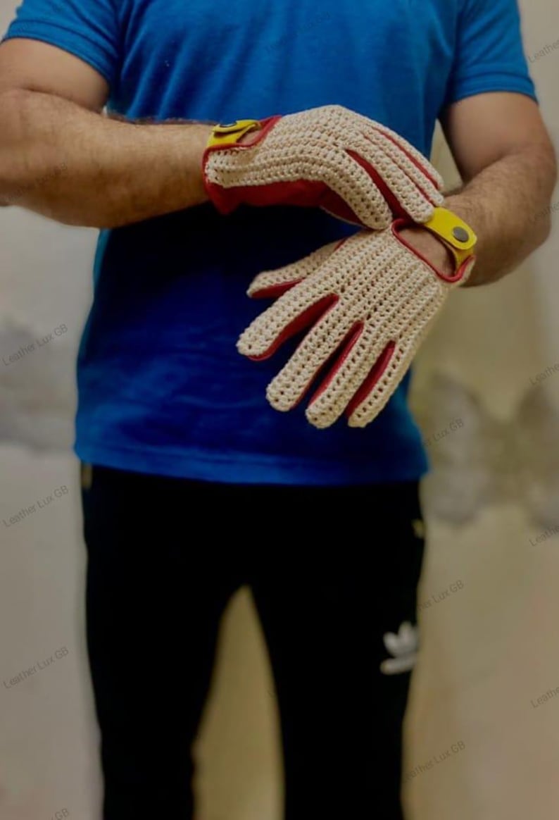 Men's Driving Gloves Red and Crochet Gloves Vintage Real Soft Leather ...