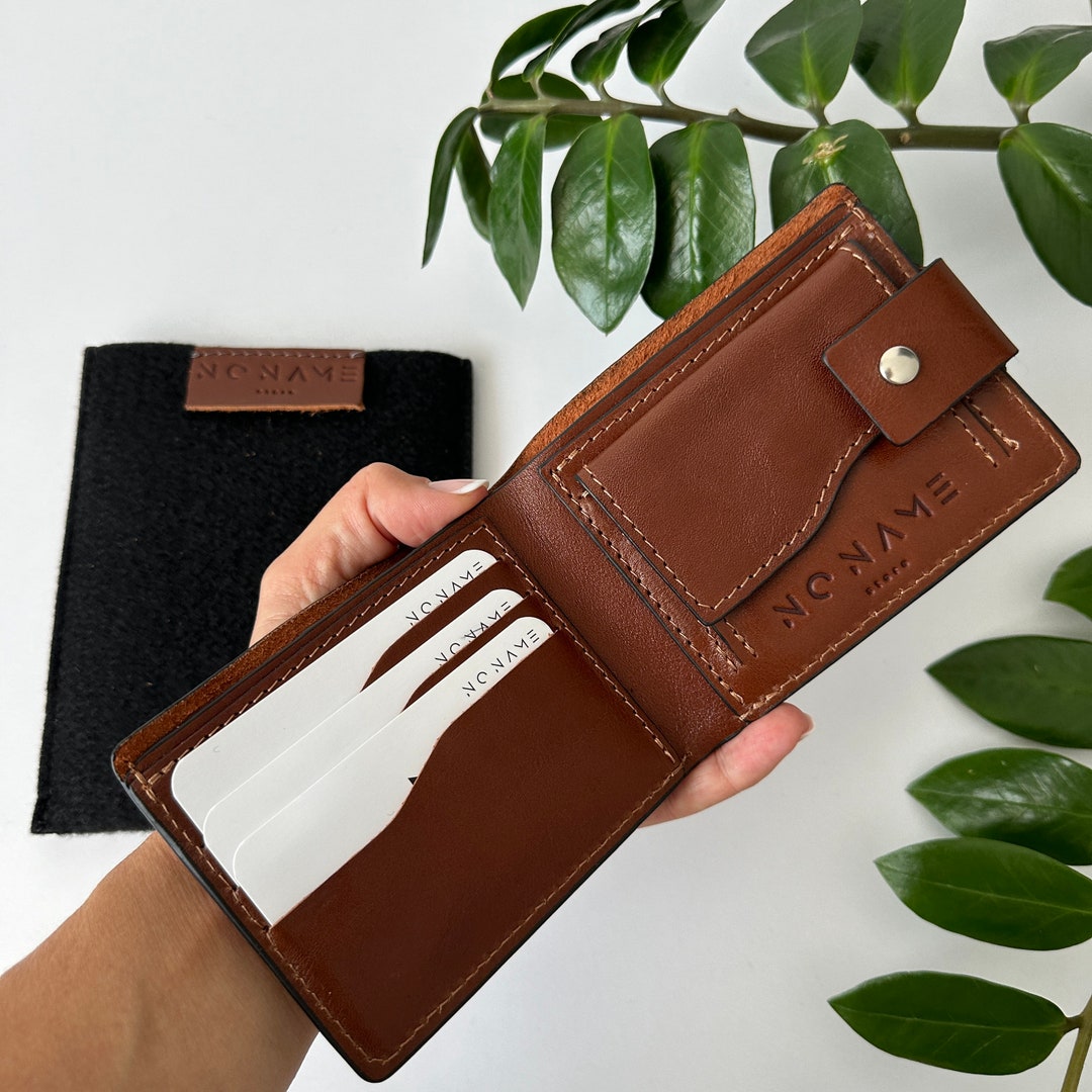 Men's Brown Leather Wallet With Button Closure, Card Slots, Coin Pocket ...