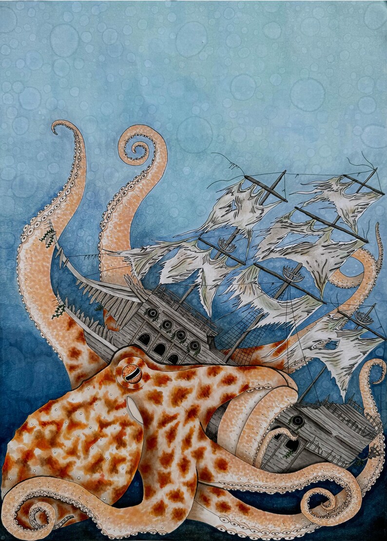 Giant Octopus Sinking Ship Fine Art Print, Hand Drawn With Alcohol Ink ...