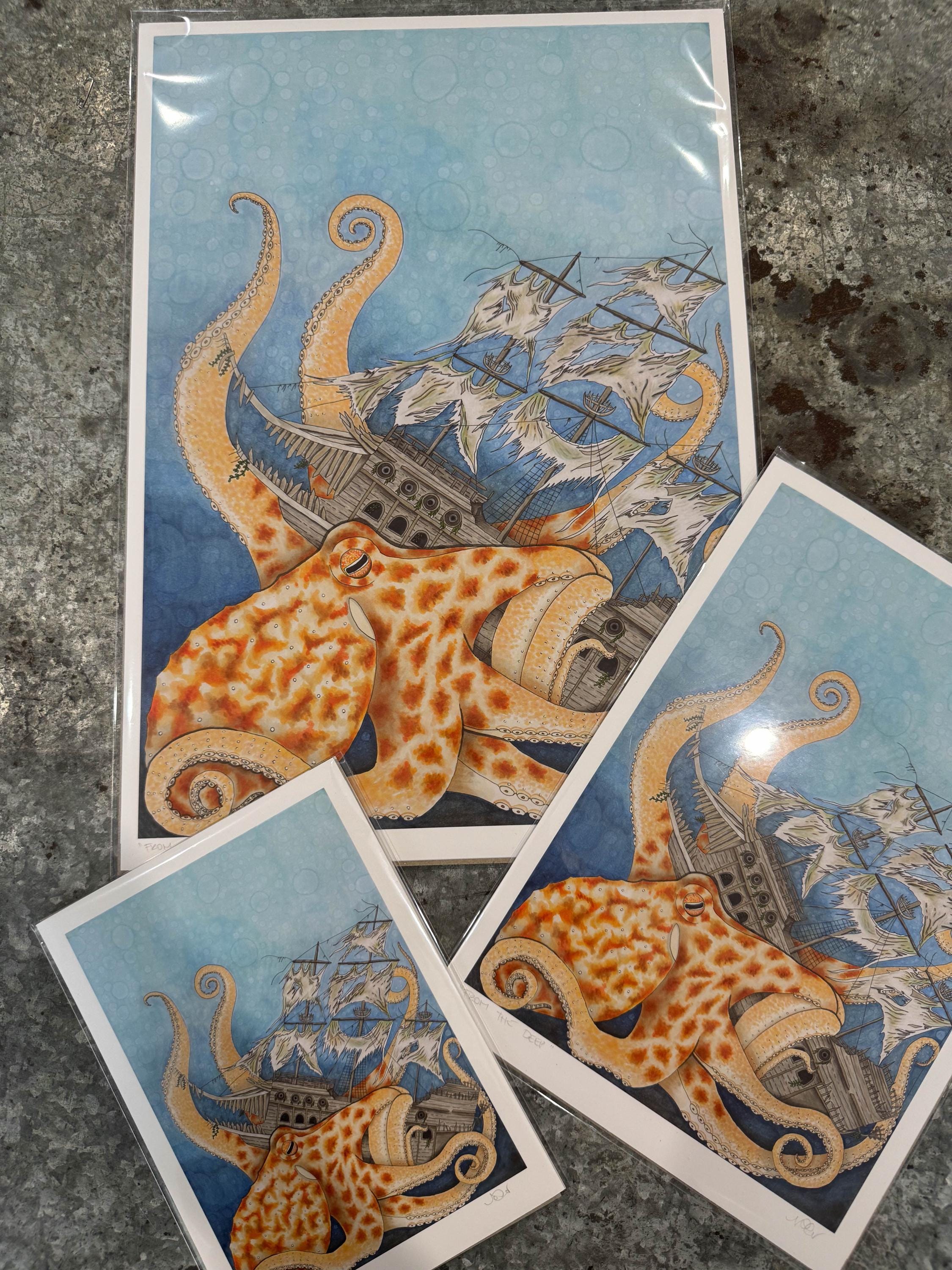Giant Octopus Sinking Ship Fine Art Print, Hand Drawn With Alcohol Ink ...