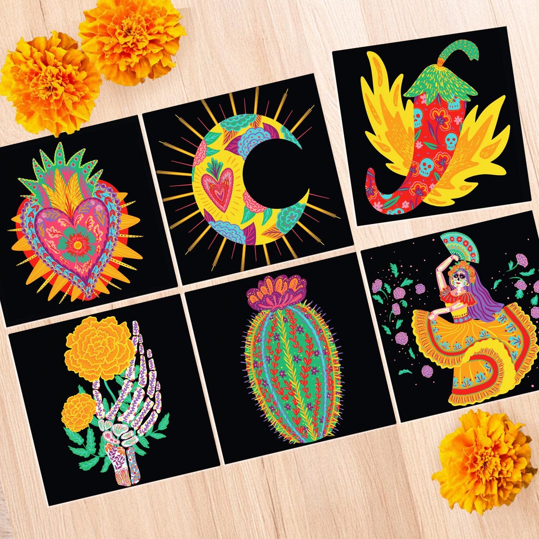 Set of 6 Dia De Los Muertos Digital Illustrations – Colorful Mexican ...