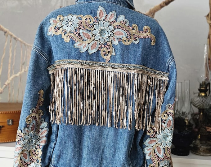 Appliqué Denim, Ladies Medium Short Jacket ~ Embellished Appliqué ...