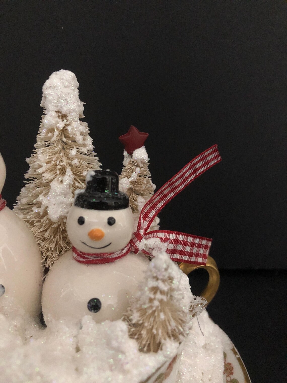 Vintage Christmas Snowman Vignette in Bouillon Cup Bottlebrush Trees ...