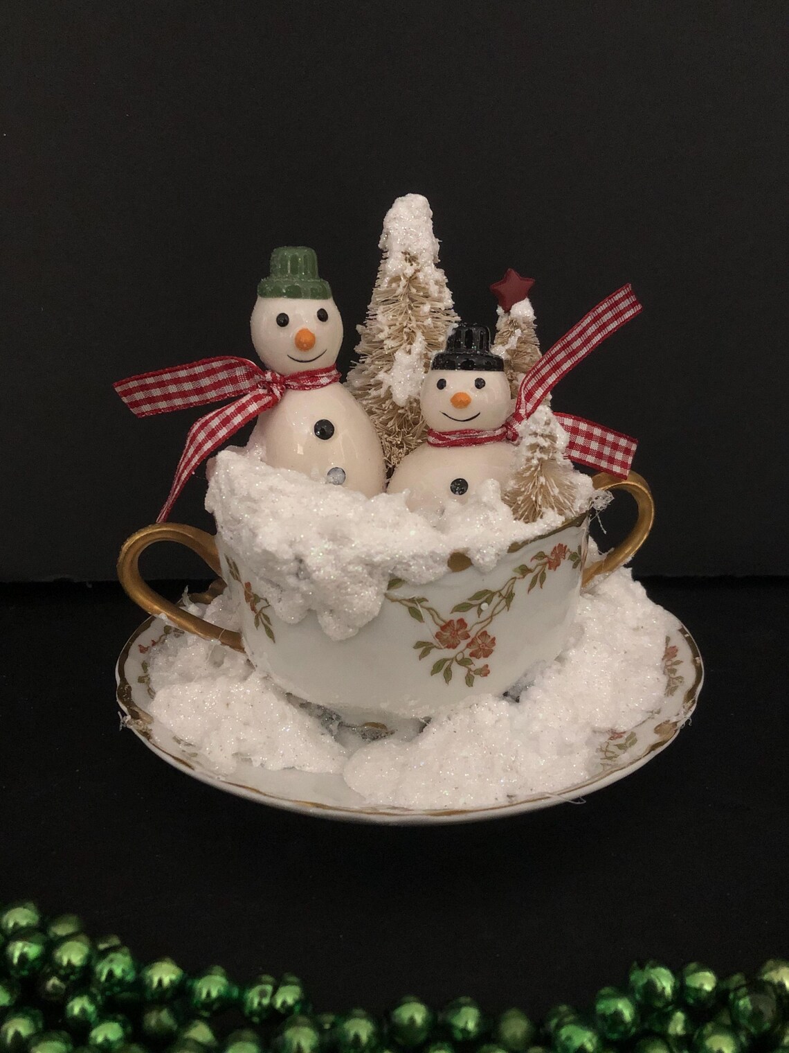 Vintage Christmas Snowman Vignette in Bouillon Cup Bottlebrush Trees ...