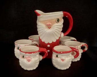 Vintage Holt Howard Christmas Santa Pitcher With 4 Matching Santa Mugs ...