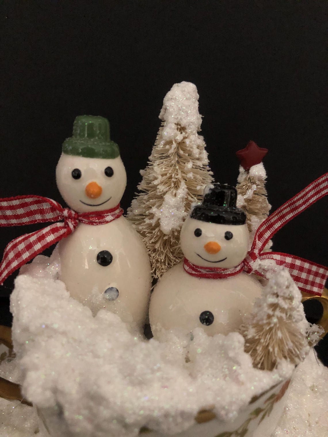Vintage Christmas Snowman Vignette in Bouillon Cup Bottlebrush Trees ...