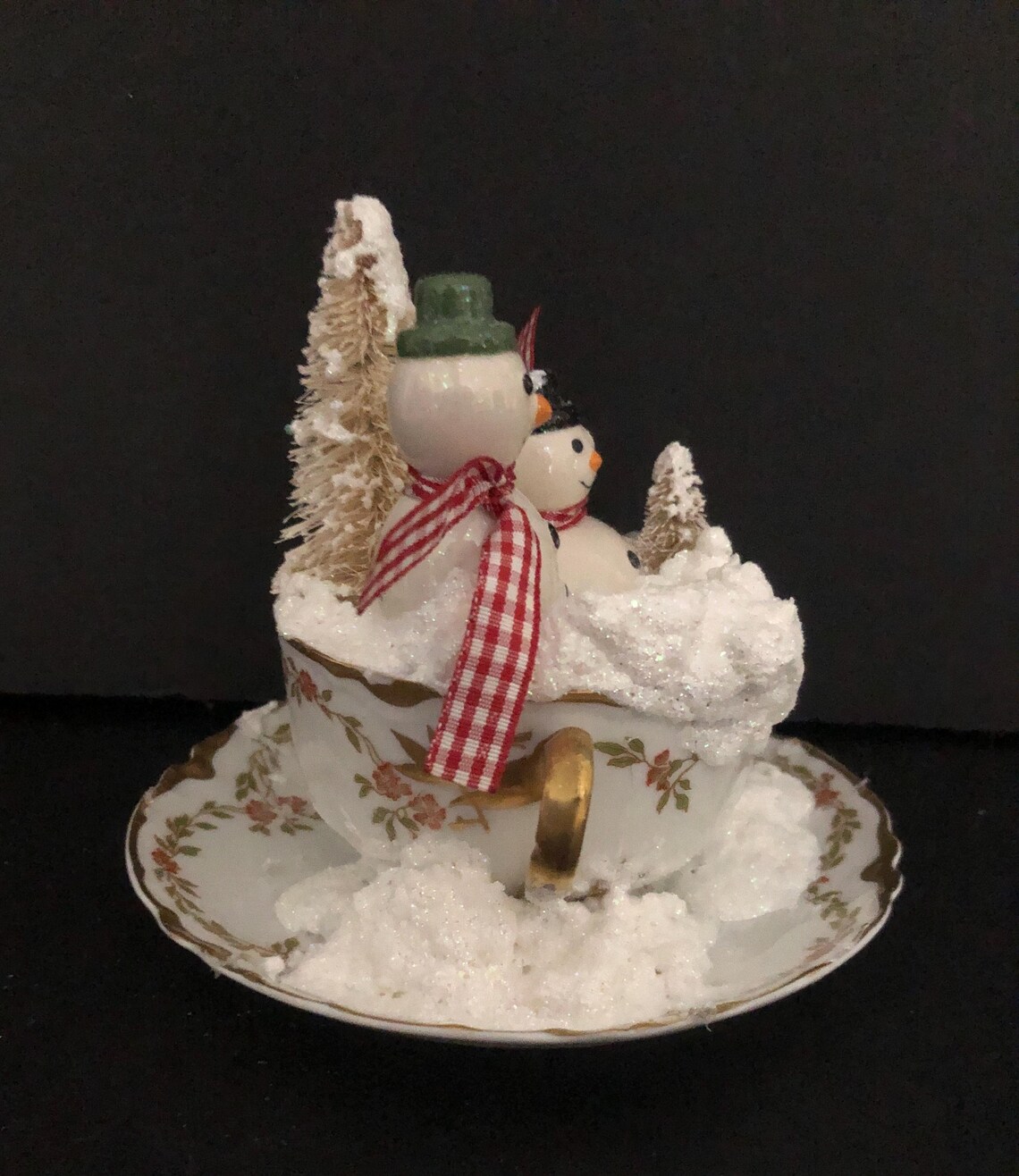 Vintage Christmas Snowman Vignette in Bouillon Cup Bottlebrush Trees ...