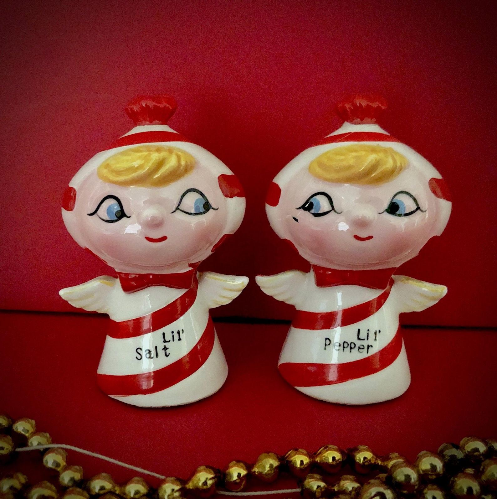 Repaired Holt Howard Candycane Angel Lil Salt and Lil Pepper Shakers ...