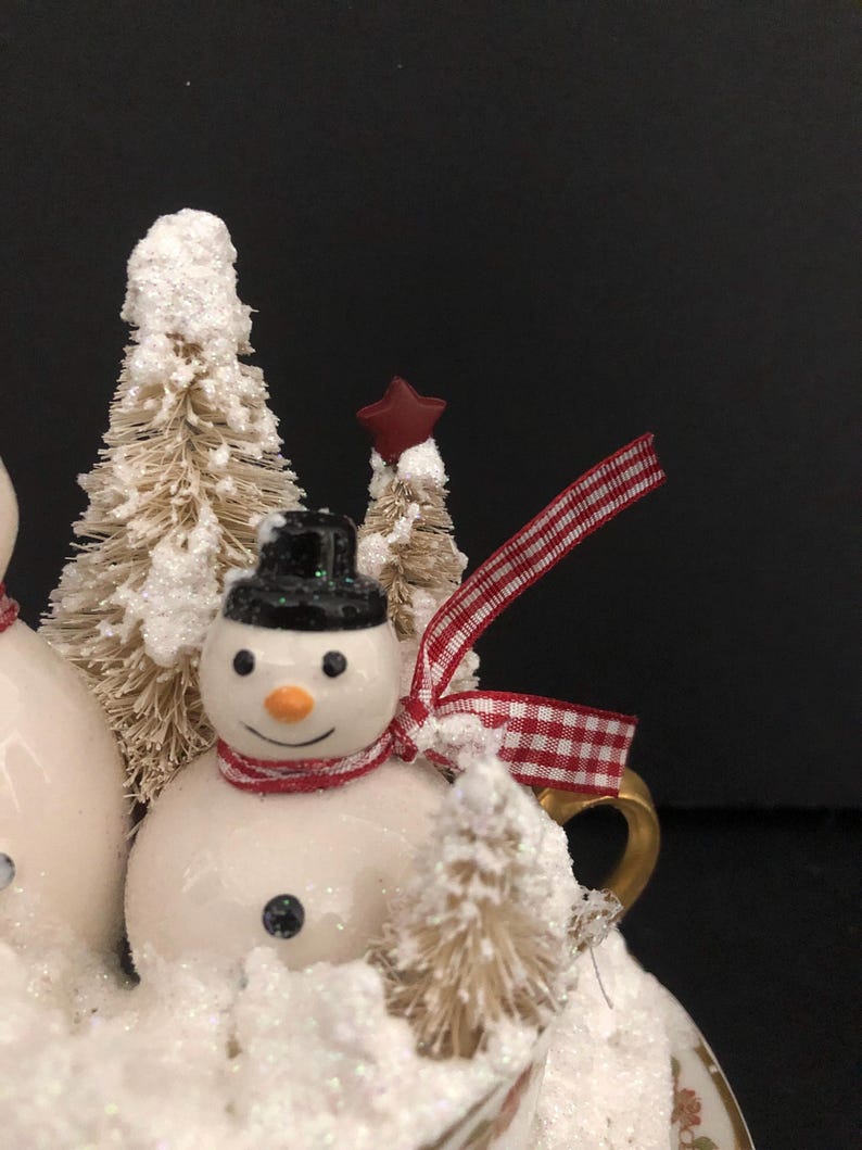 Vintage Christmas Snowman Vignette in Bouillon Cup Bottlebrush Trees - Etsy