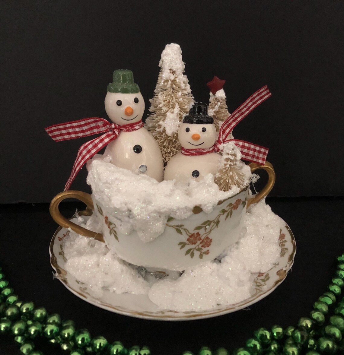 Vintage Christmas Snowman Vignette in Bouillon Cup Bottlebrush Trees ...