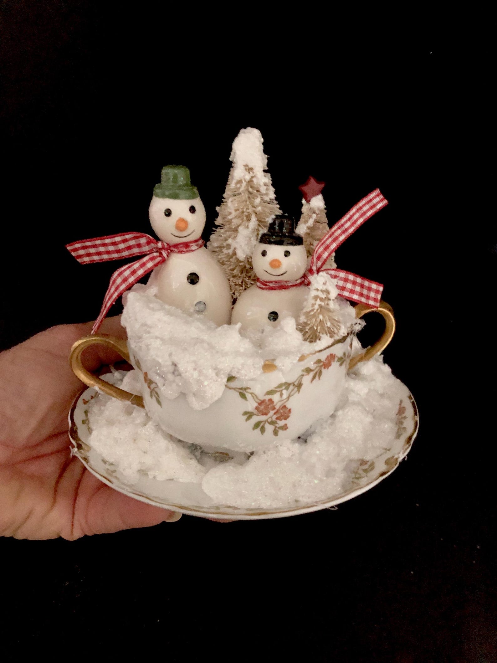 Vintage Christmas Snowman Vignette in Bouillon Cup Bottlebrush Trees ...