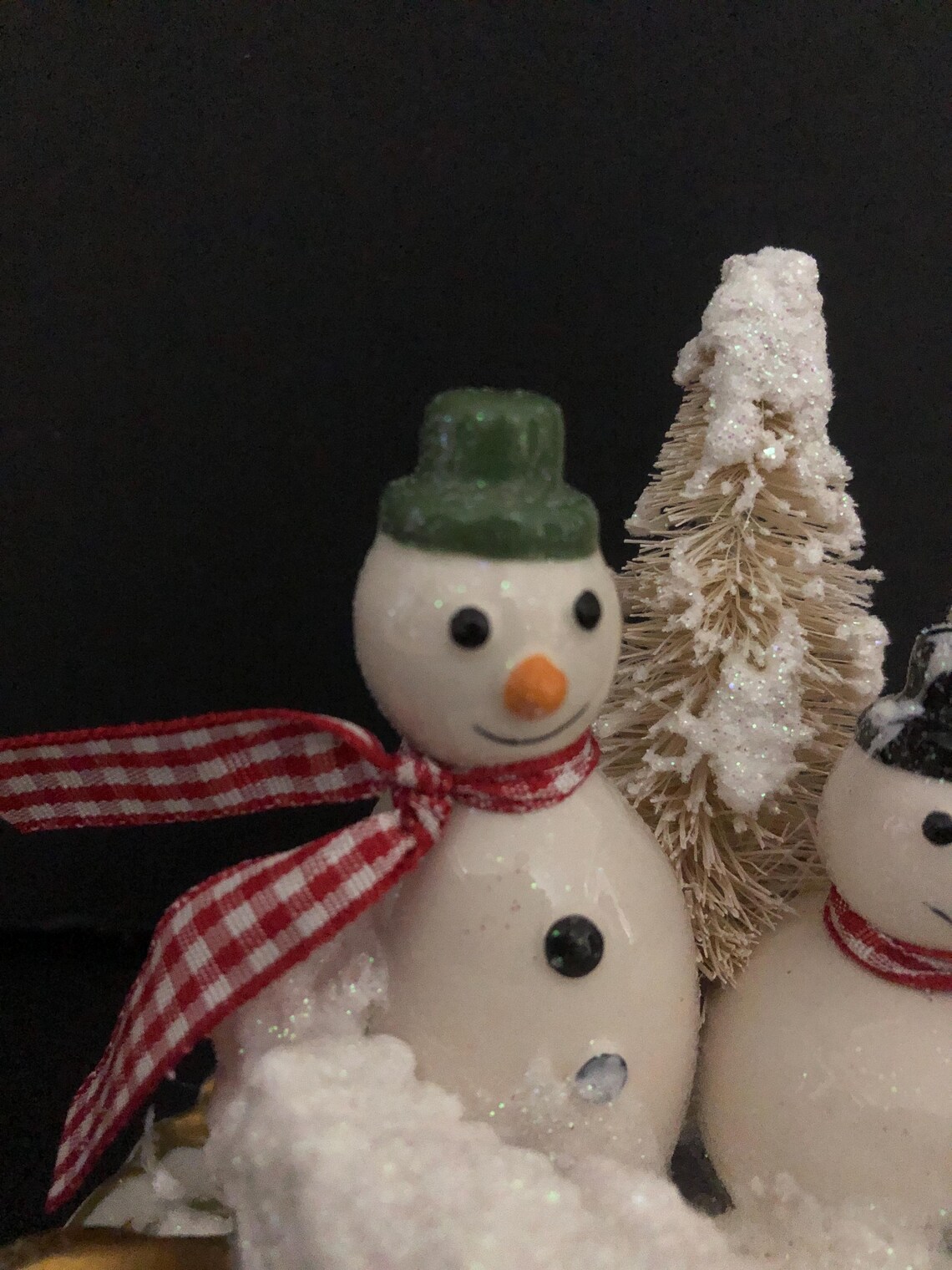 Vintage Christmas Snowman Vignette in Bouillon Cup Bottlebrush Trees ...