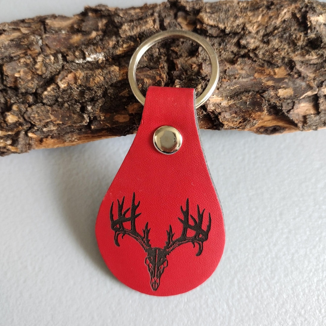 Deer Skull Keychain Laser Engraved Leather Key Fob Deer Antler Hunter ...
