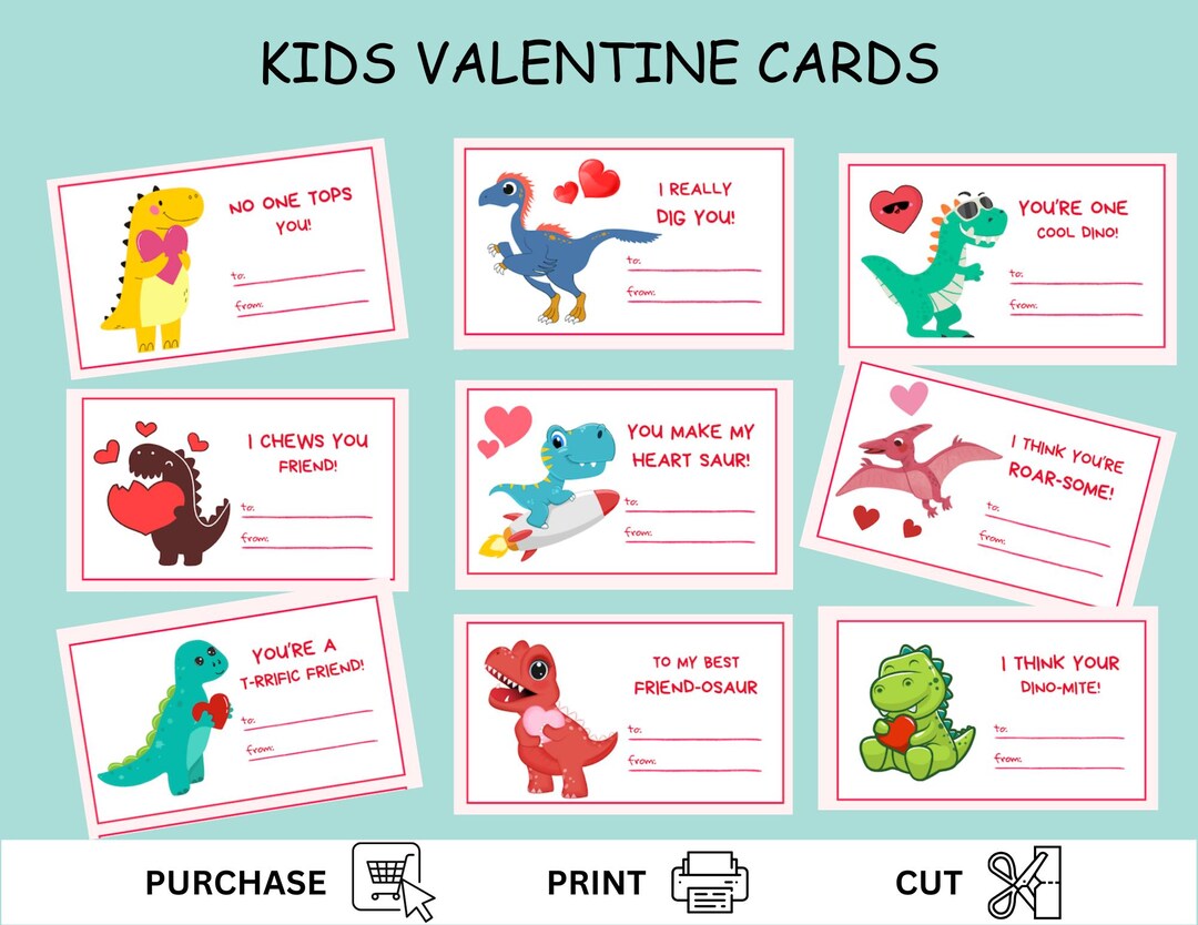 Dinosaur Printable Kids Valentines Cards, School Valentine Exchange ...