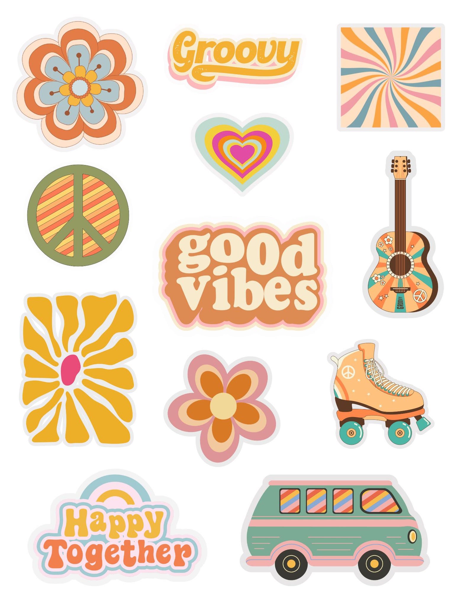Retro Groovy Hippy Boho Digital Printable PNG Stickers - Etsy