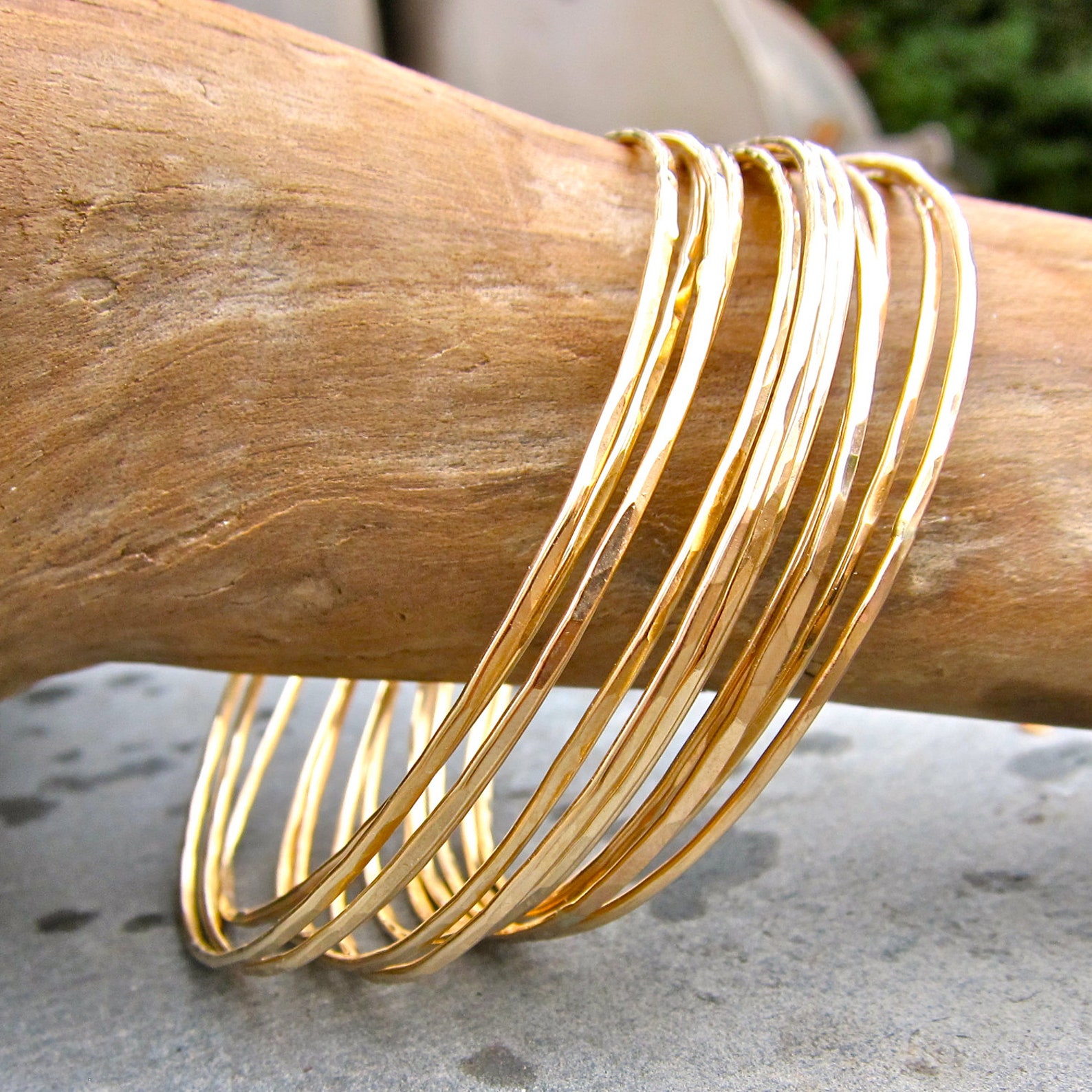 14K Gold Filled Bangles Hammered 16 Gauge Set of Ten | Etsy