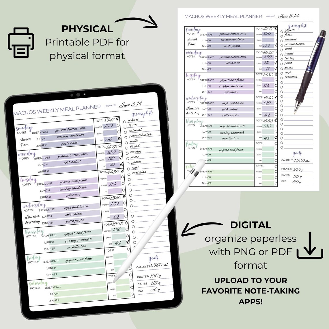 Macros Weekly Meal Planner Macros Tracker Weekly Calories Log Gym Meal ...