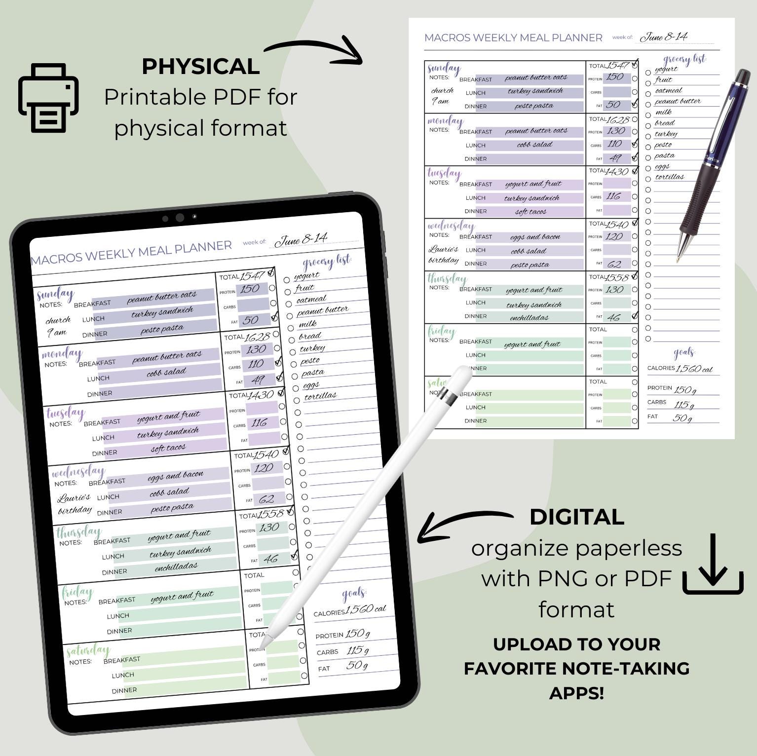 Macros Weekly Meal Planner Macros Tracker Weekly Calories Log Gym Meal ...