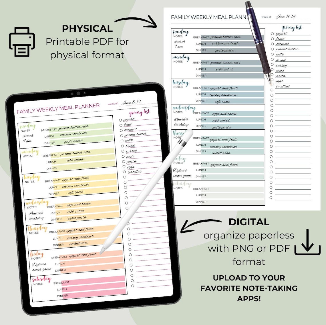 Family Weekly Meal Planner Family Grocery List Weekly Family Menu ...