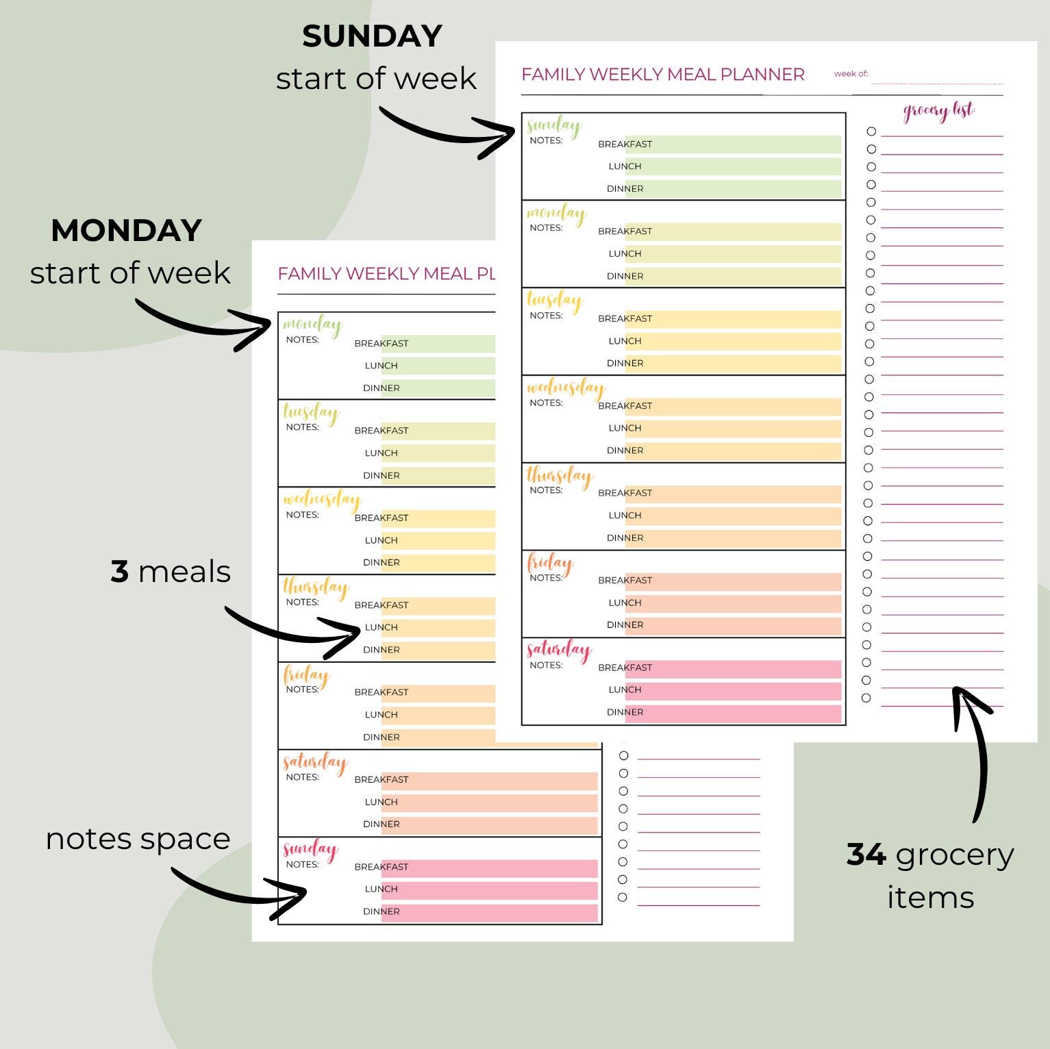 Family Weekly Meal Planner Family Grocery List Weekly Family Menu ...