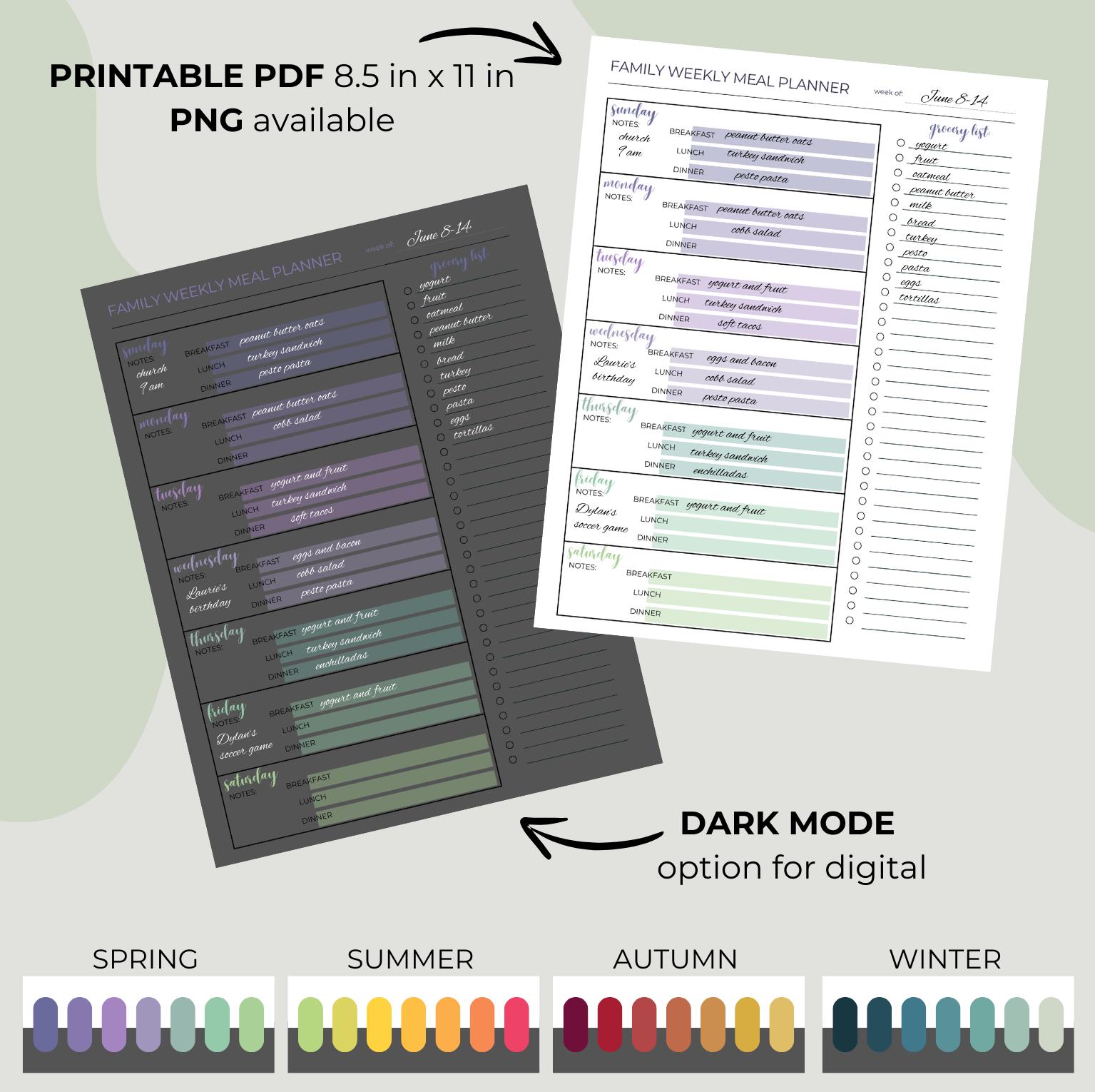 Family Weekly Meal Planner Family Grocery List Weekly Family Menu ...