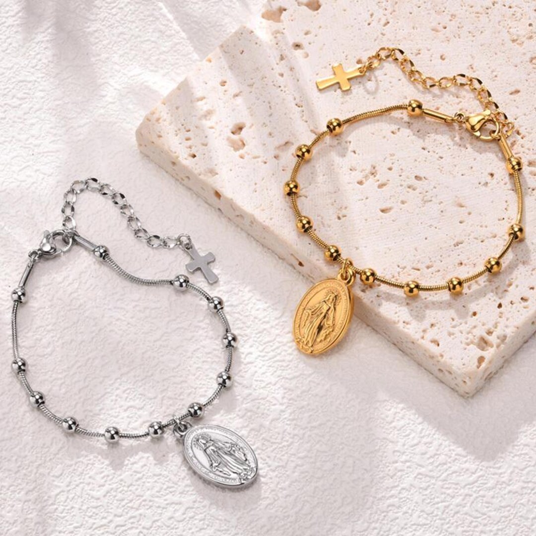 Virgin Mary Bracelet With Cross 18K Gold Plated Stainless Steel, Mother ...