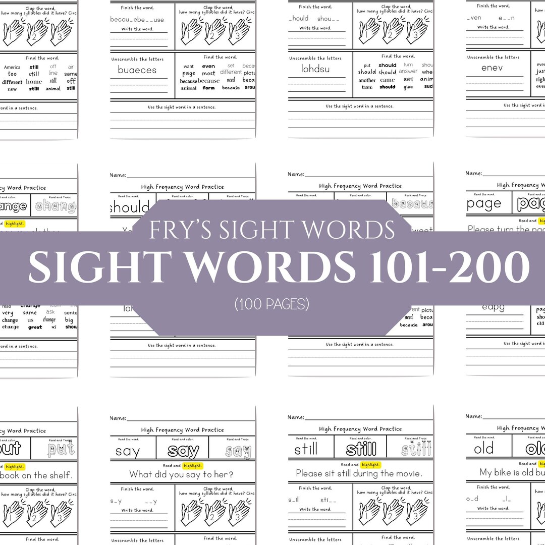 101-200 Fry Sight Word Worksheets | Digital Download | Printable Sight ...