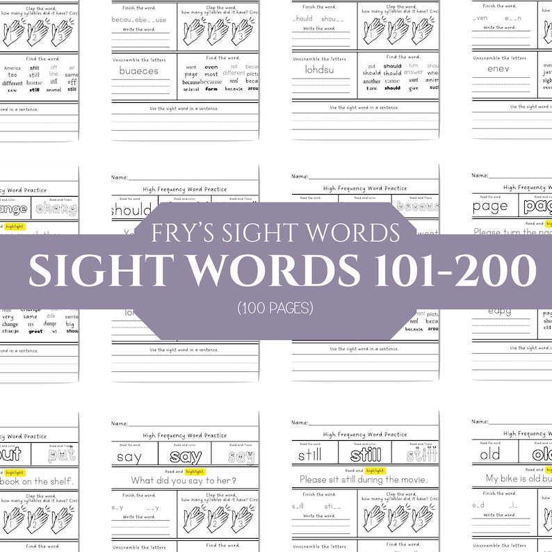101-200 Fry Sight Word Worksheets | Digital Download | Printable Sight ...