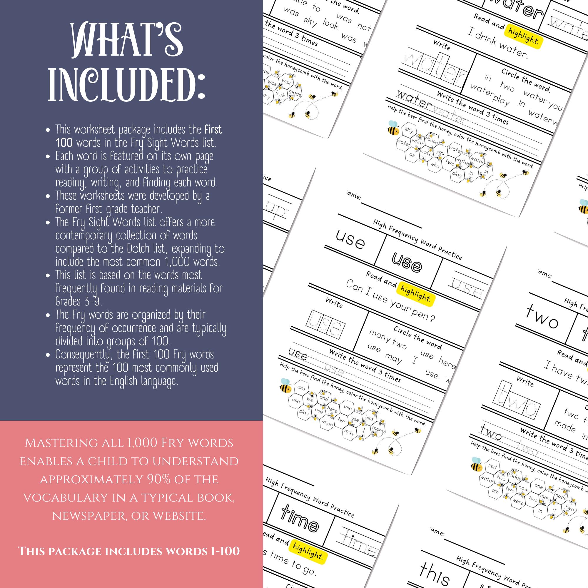 100 Fry Sight Word Worksheets | Digital Download | Printable Sight Word ...