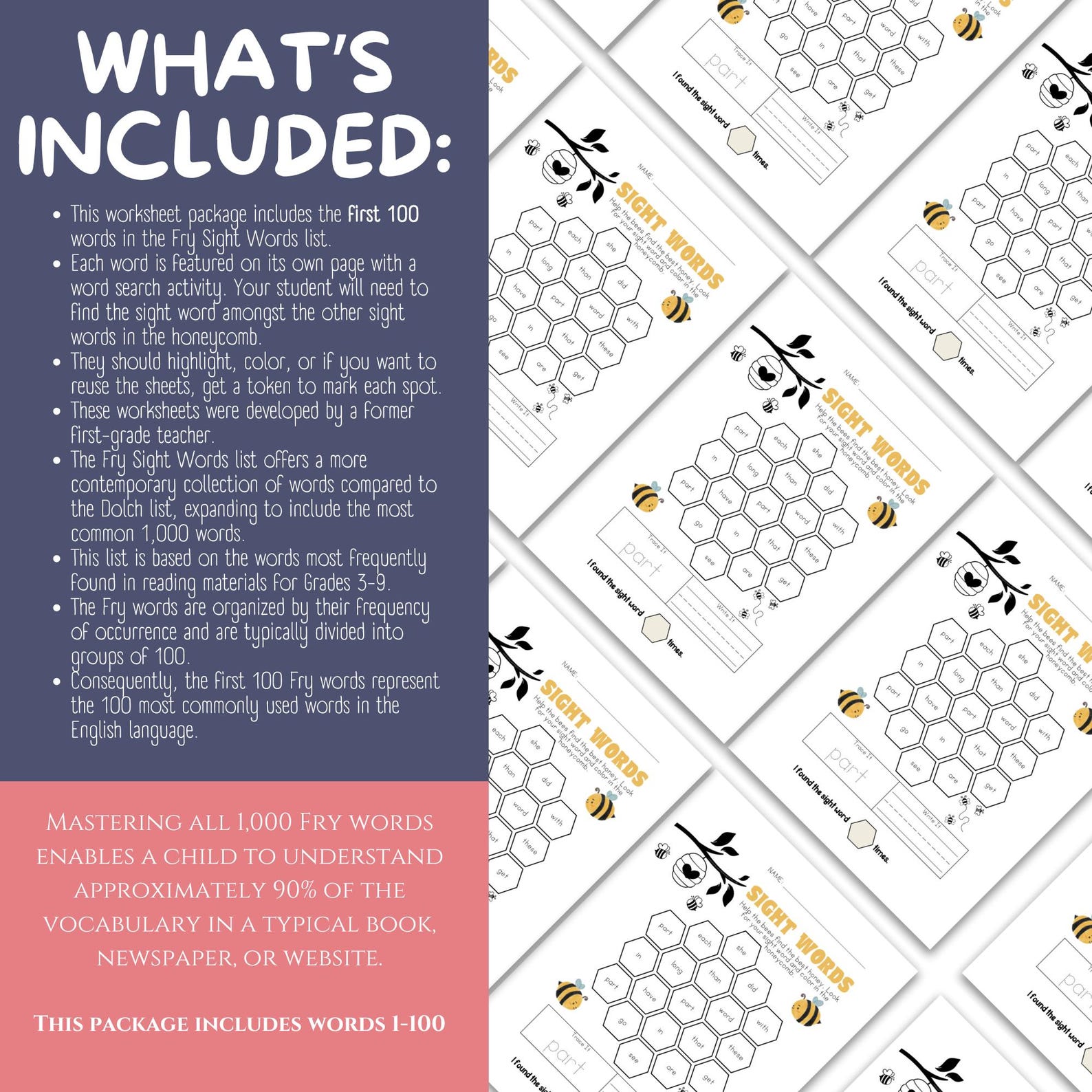 Frys 100 Sight Words Word Search Worksheets Early Literacy Activity for ...