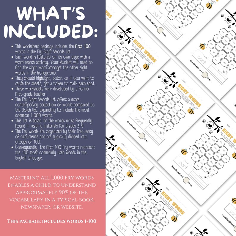 Fry’s 100 Sight Words Word Search Worksheets | Early Literacy Activity ...