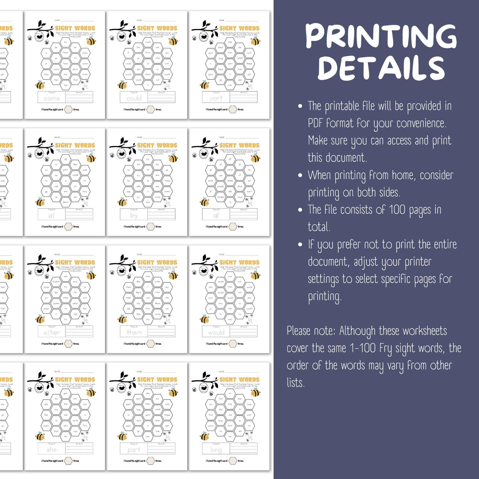 Frys 100 Sight Words Word Search Worksheets Early Literacy Activity for ...