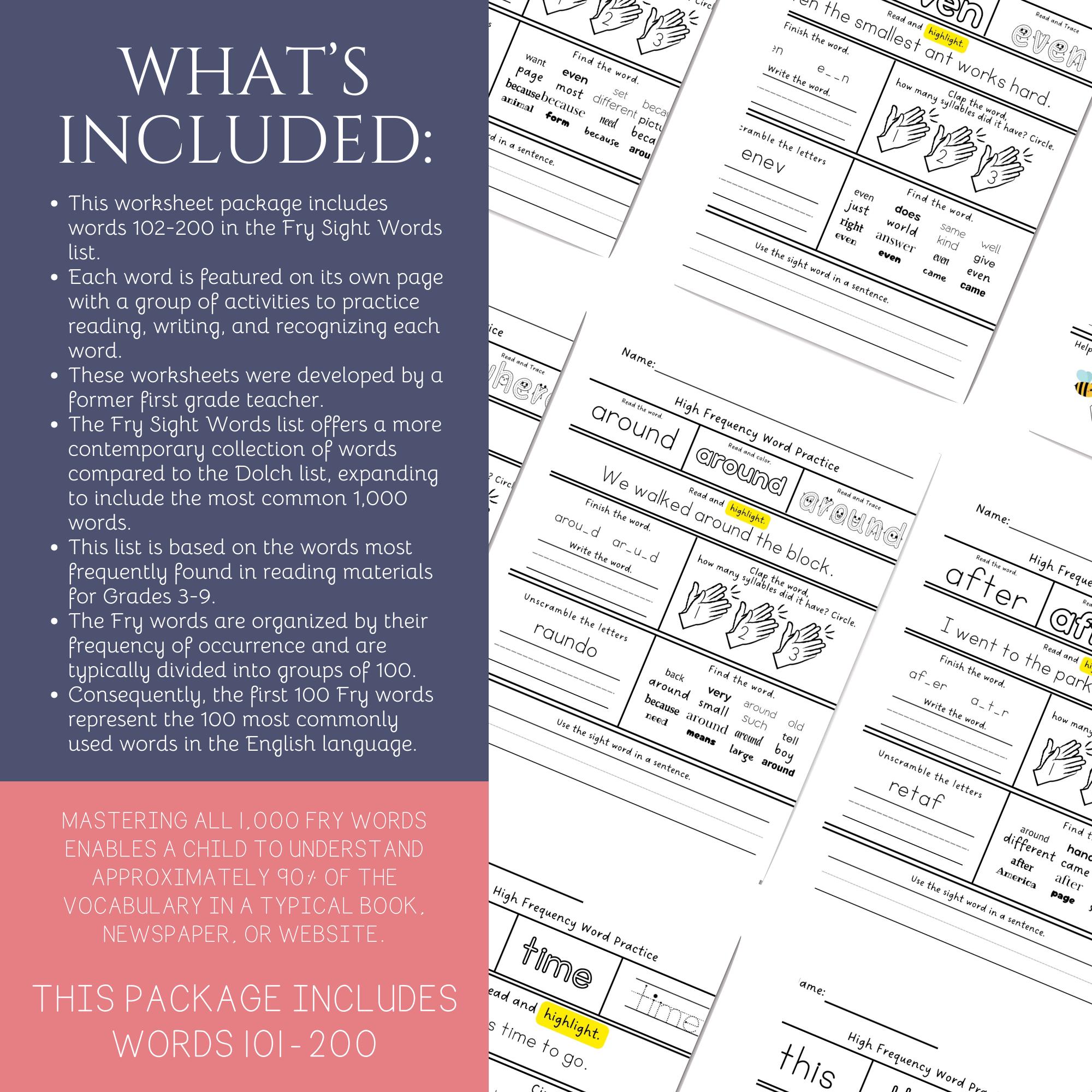 101-200 Fry Sight Word Worksheets | Digital Download | Printable Sight ...