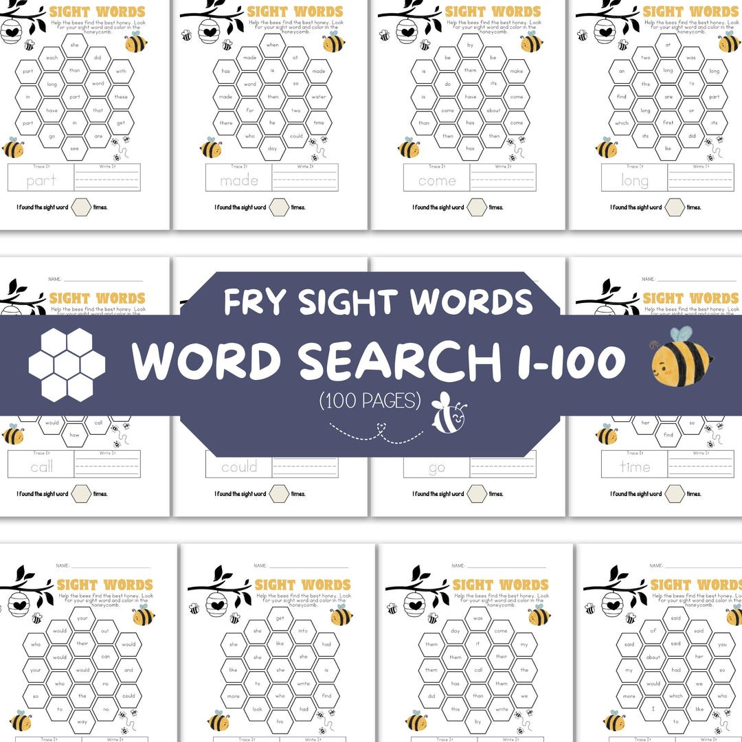 Frys 100 Sight Words Word Search Worksheets Early Literacy Activity for ...