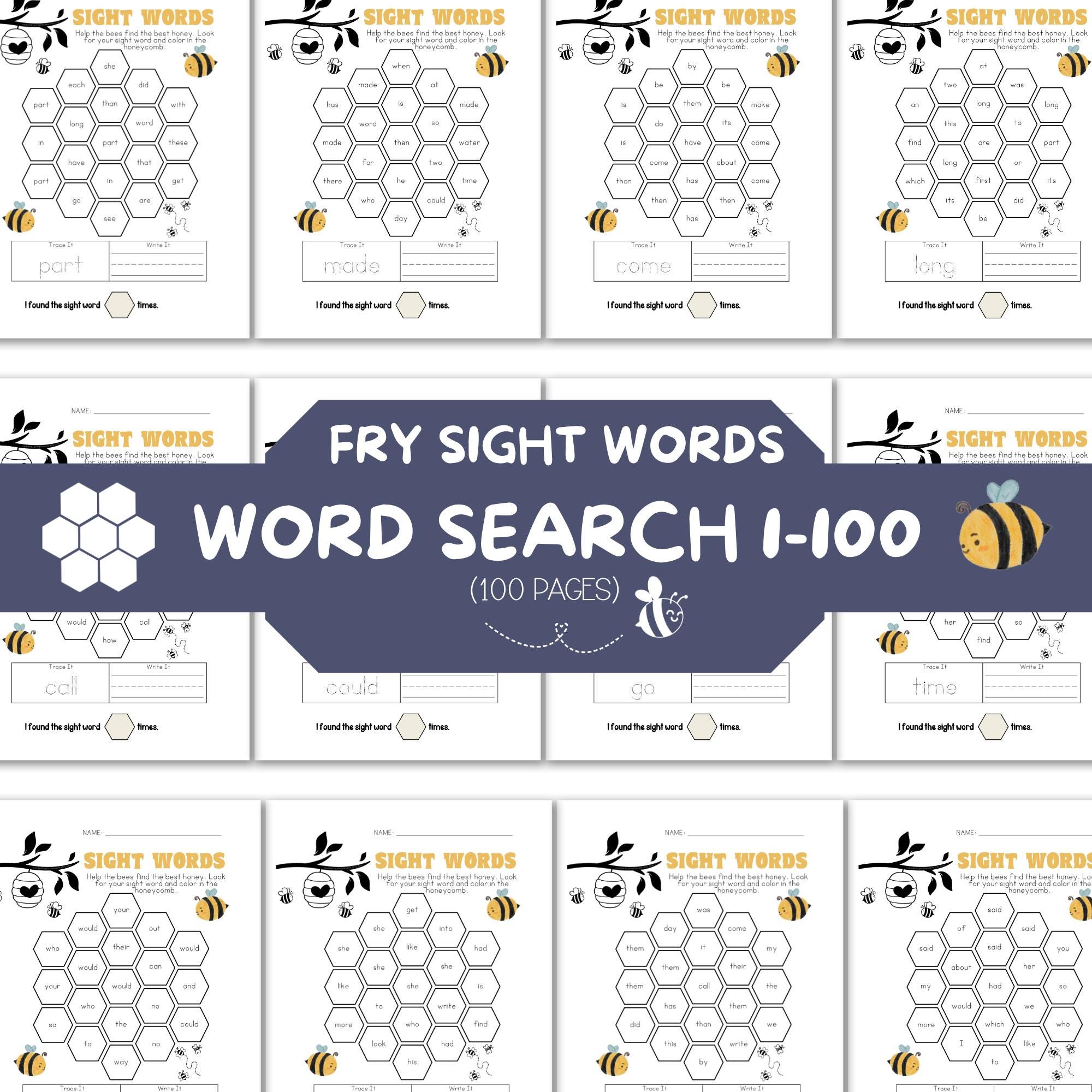 Frys 100 Sight Words Word Search Worksheets Early Literacy Activity for ...