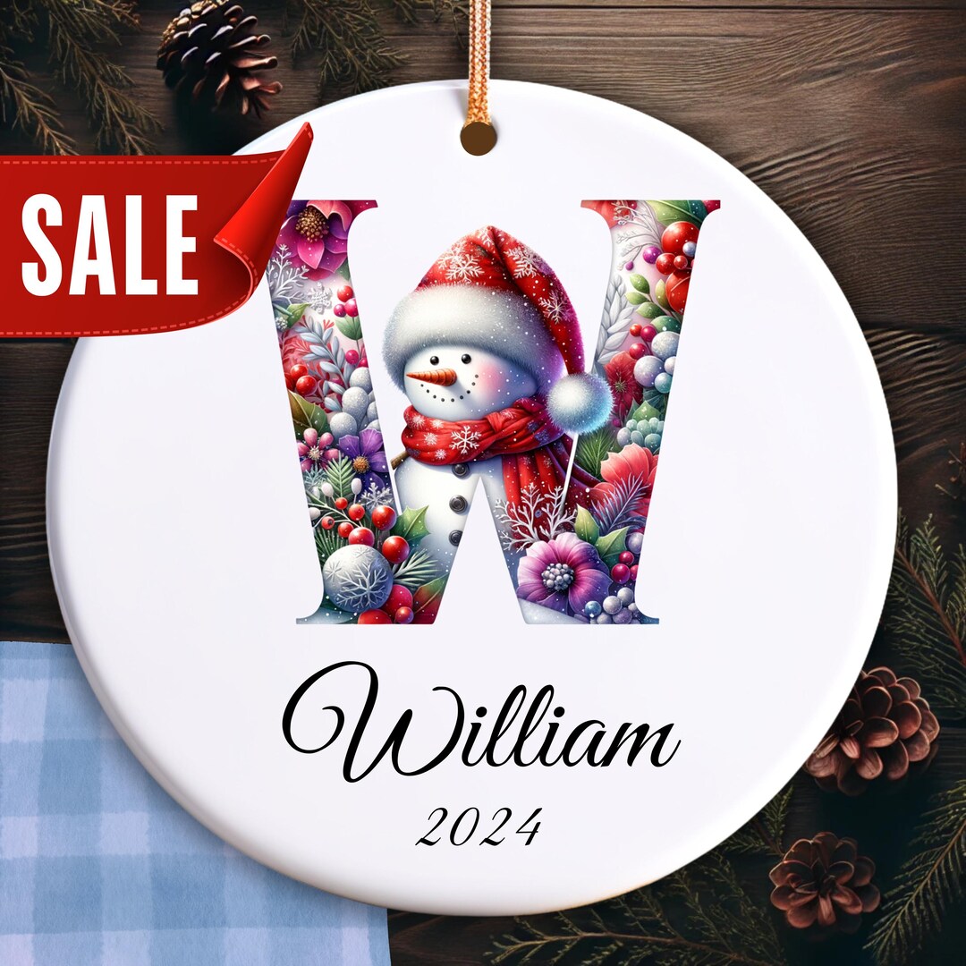 Personalized Letter w Name Ornament, Snowman Monogram Alphabet Ornament ...