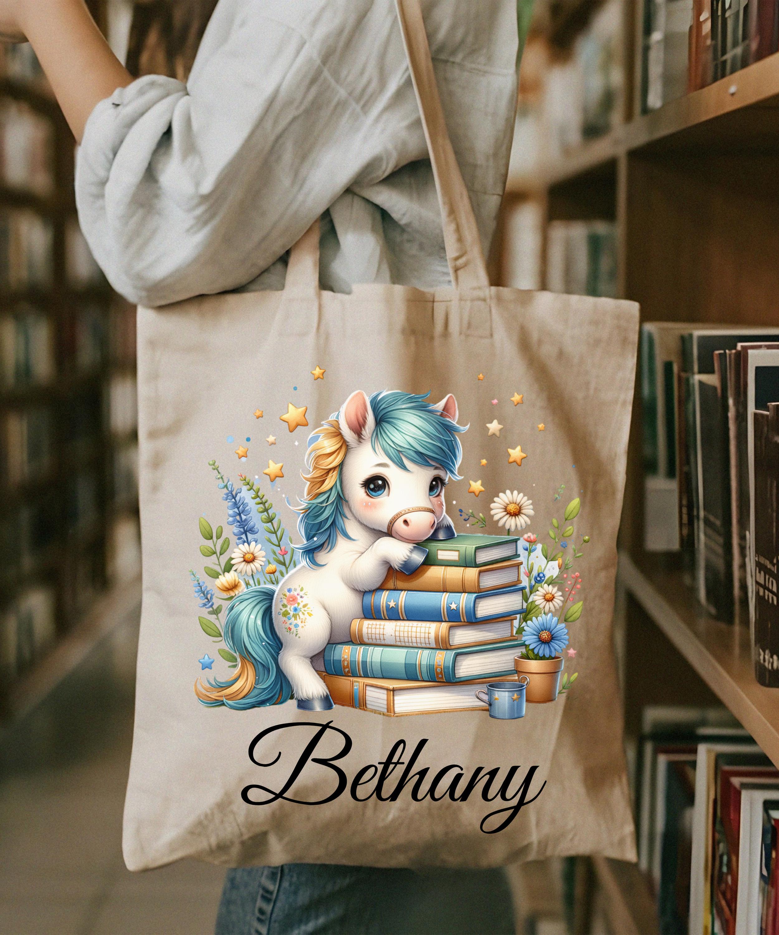 Personalized Kids Book Bag, Custom Horse Library Bag, Cotton Canvas ...
