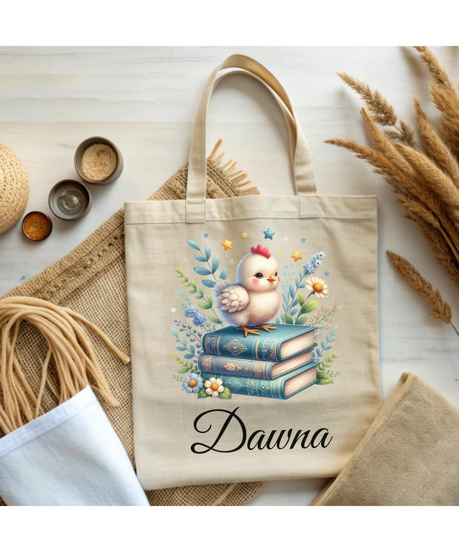 Personalized Kids Book Bag, Custom Chicken Library Bag, Cotton Canvas ...