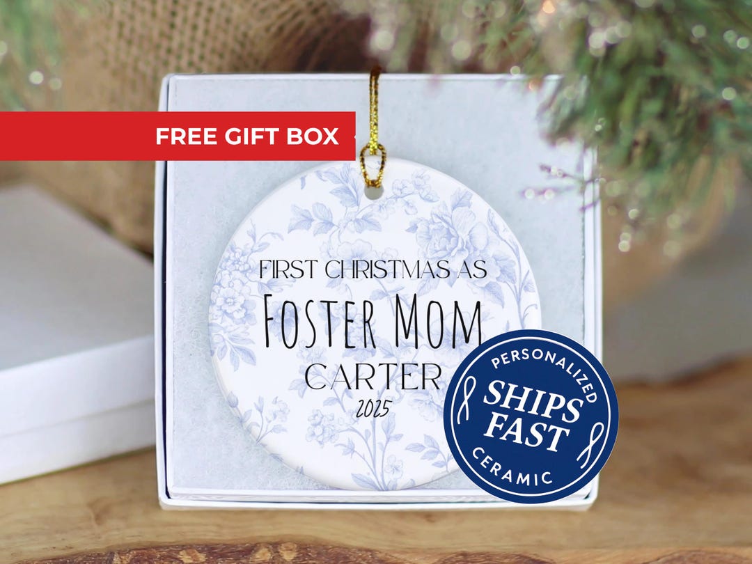 First Christmas as Foster Mom Blue Toile Ornament, Personalized ...